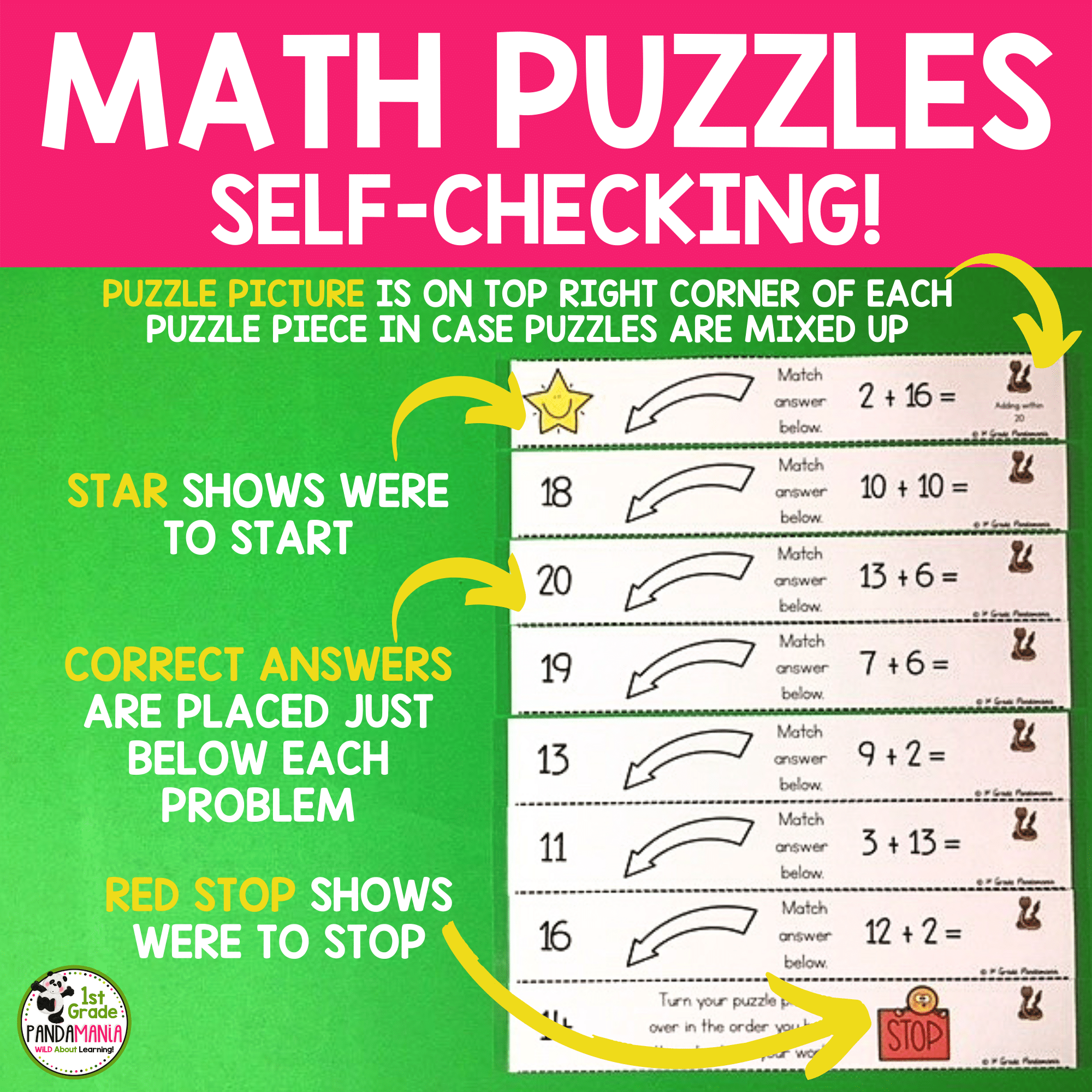 Easy Self-Checking Math Picture Puzzles + FREEBIE! | 1st Grade Pandamania