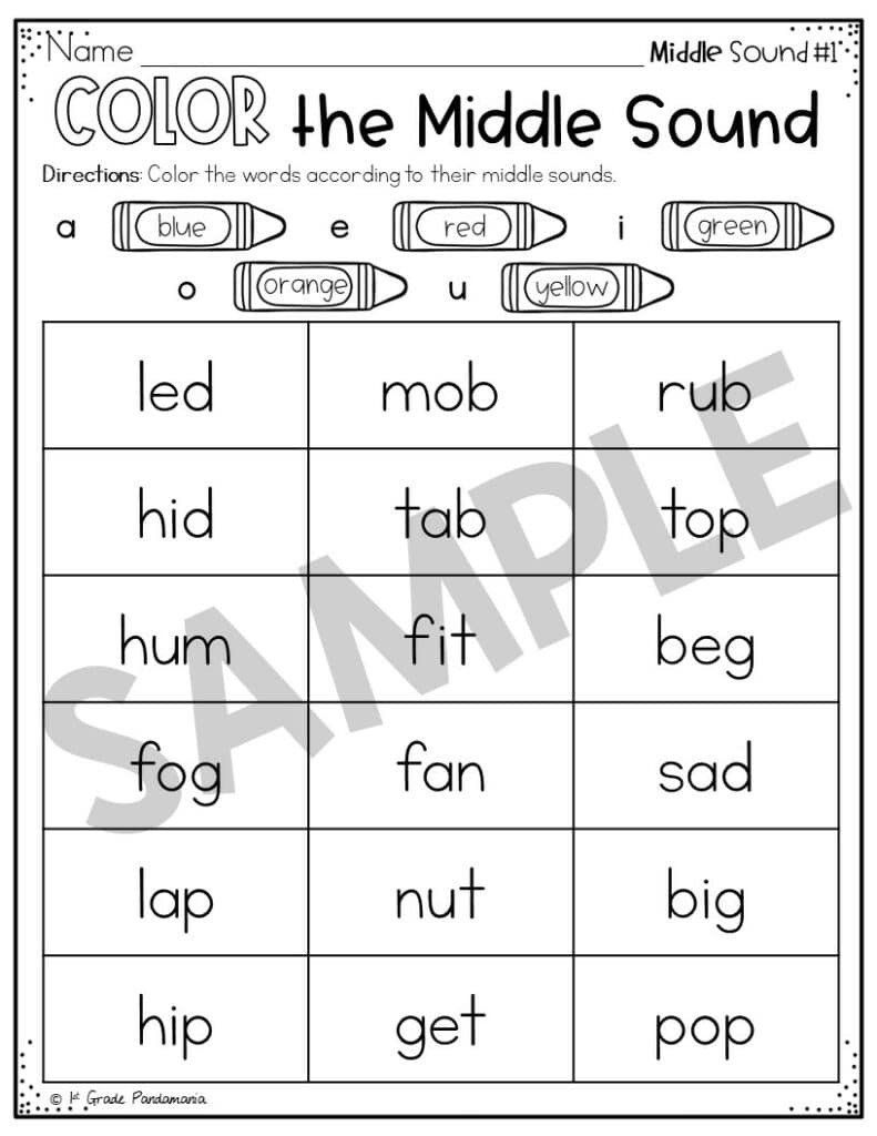 Middle Sounds Worksheets Phonics Activities | 1st Grade Pandamania