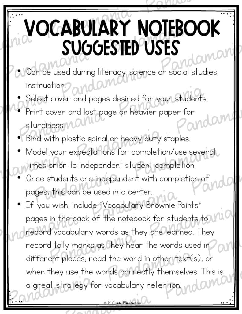 Vocabulary Notebook For Kindergarten And 1st Grade | 1st Grade Pandamania