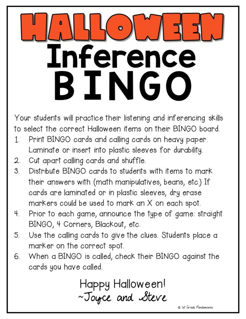 Halloween BINGO Making Inferences (K - 2nd Grades) | 1st Grade Pandamania