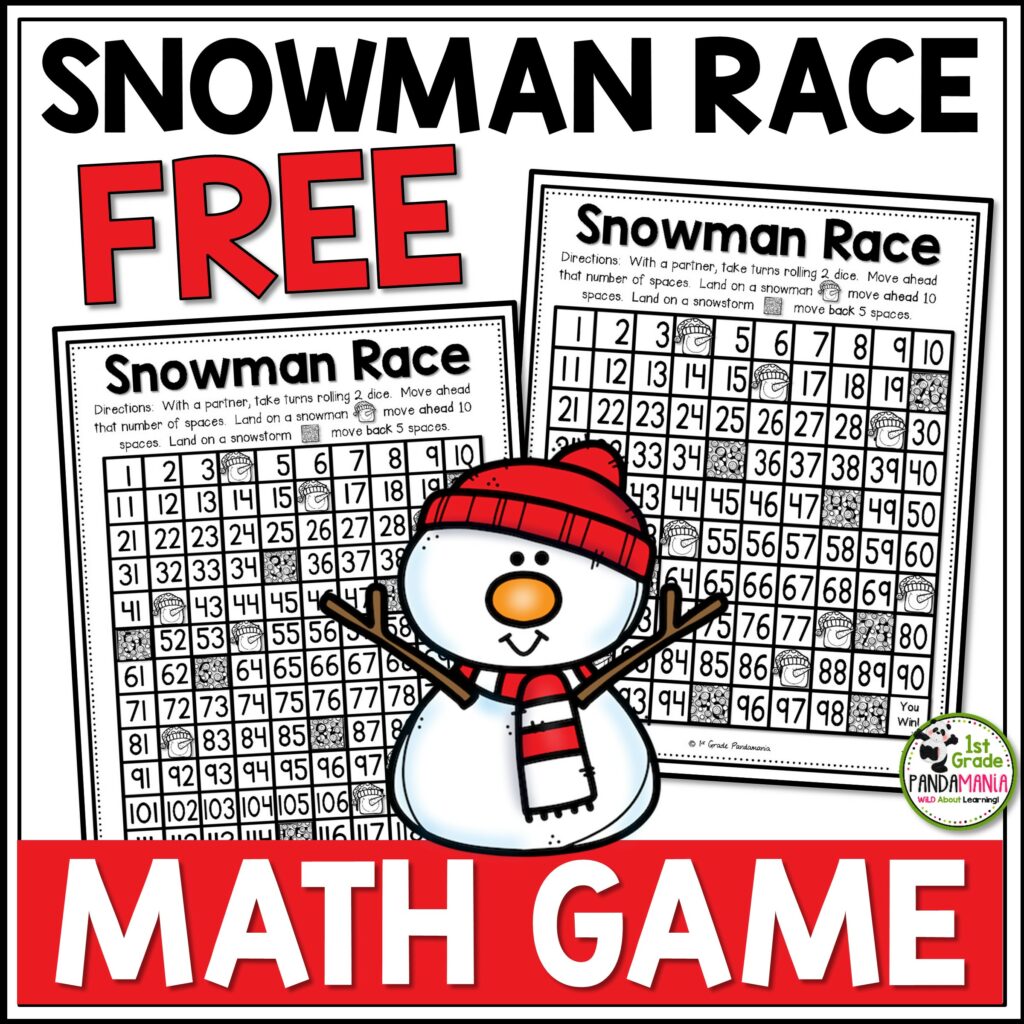 Snowman Race Winter Math Activity Game FREE | 1st Grade Pandamania