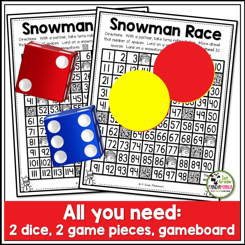 Snowman Race Winter Math Activity Game FREE | 1st Grade Pandamania