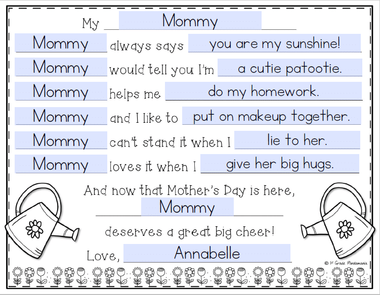 Mother's Day Writing Activity K-2 FILLABLE PDF FREE | 1st Grade Pandamania
